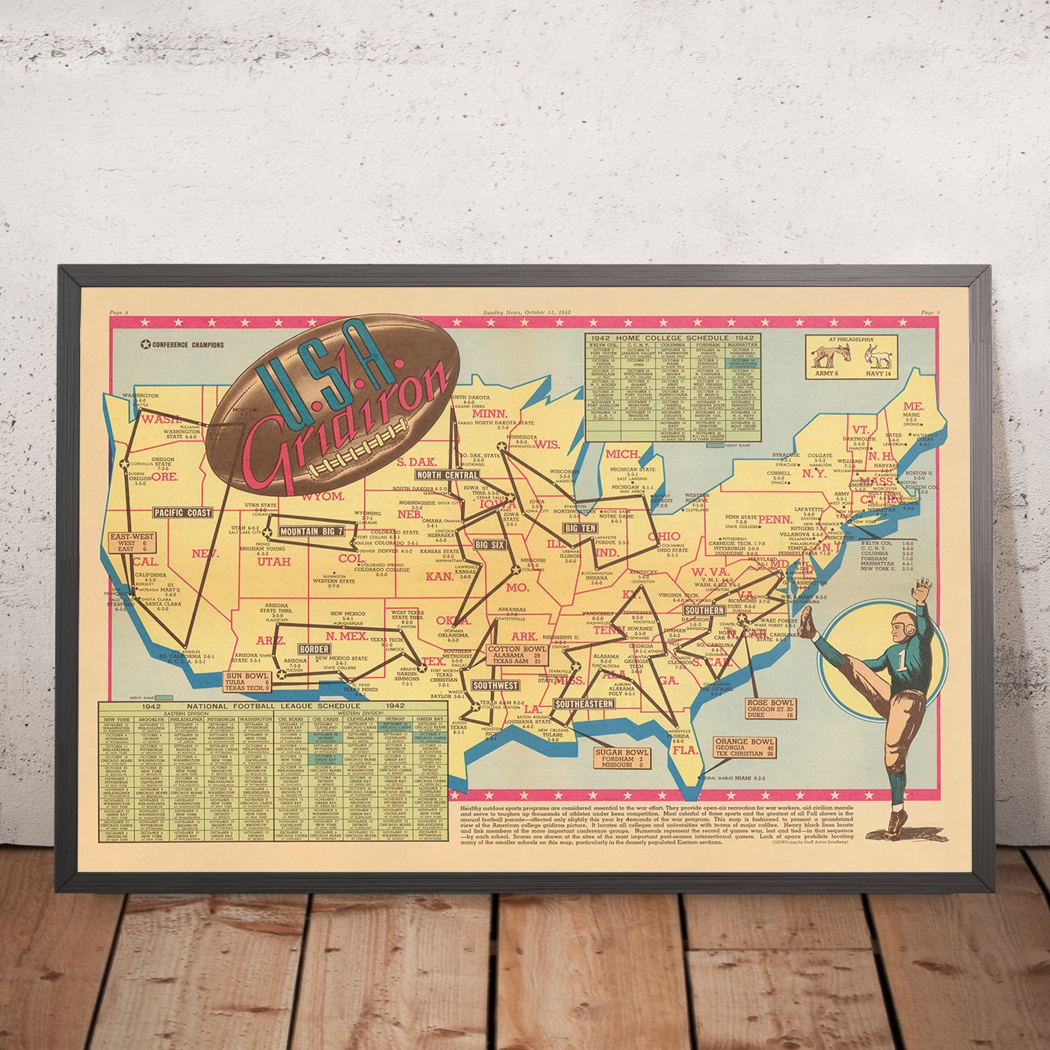 Old Map of US College Football by Sundberg, 1942: Major Teams, Confere ...