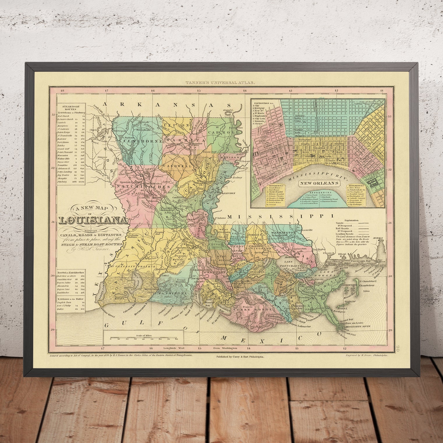 Old Map of Louisiana by Tanner, 1843: New Orleans, Baton Rouge, Lake P ...
