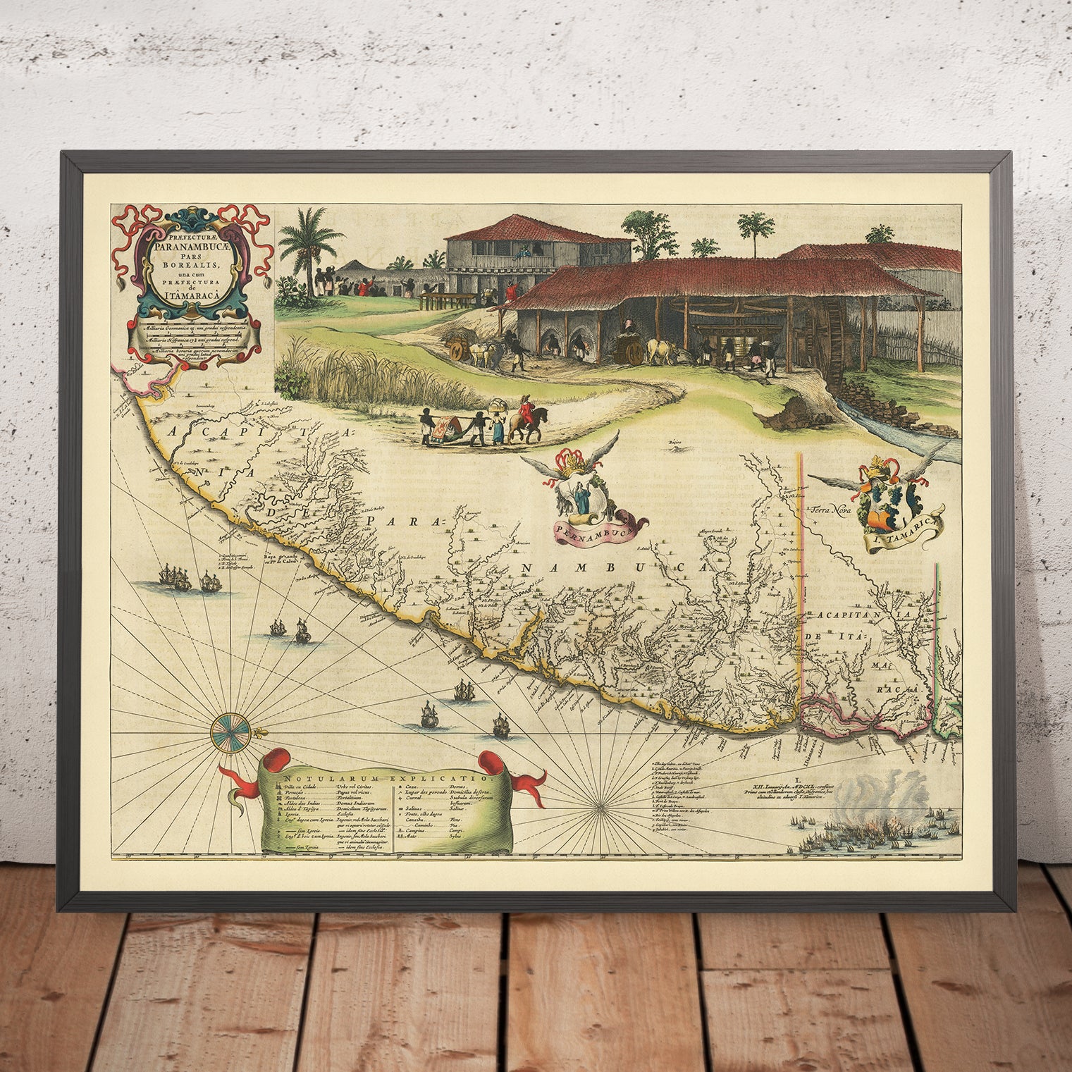 Old Map of Brazil's Coastline by Blaeu, 1662: Pernambuco, Itamaracá, R ...